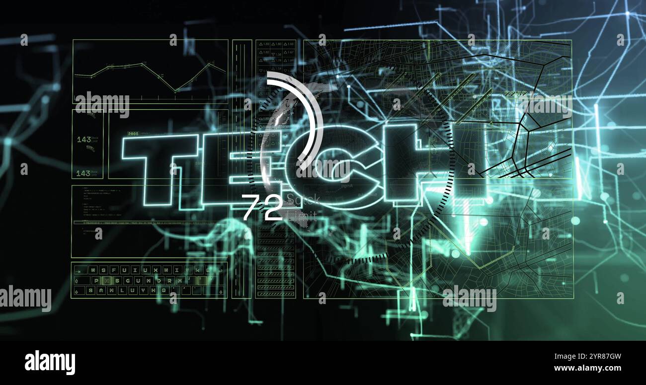 TECH text image over digital circuit and network graphics Stock Photo ...