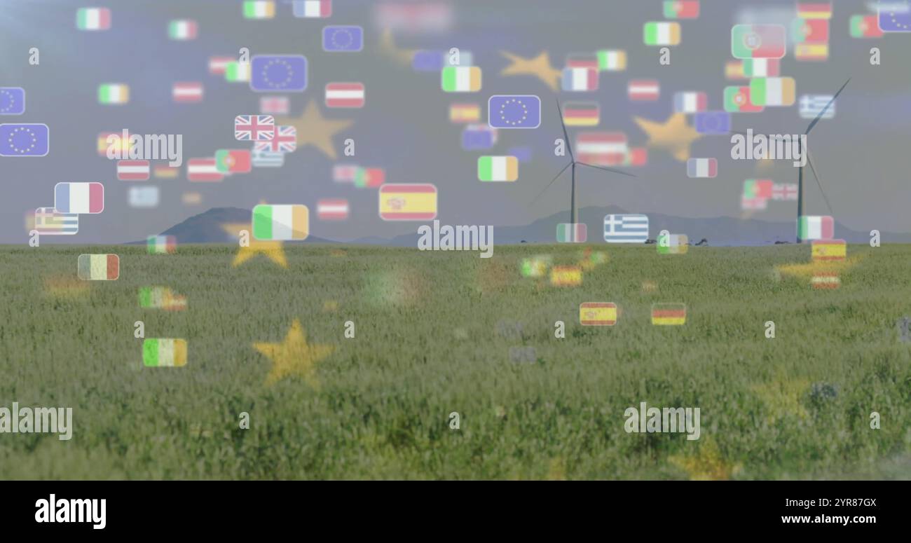 Flags of various countries and stars image over grassy field Stock ...