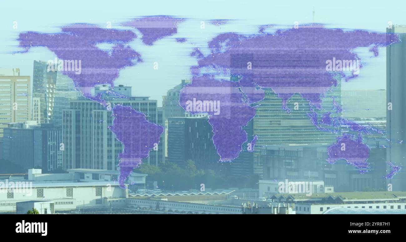 World map image over cityscape with modern buildings Stock Photo - Alamy
