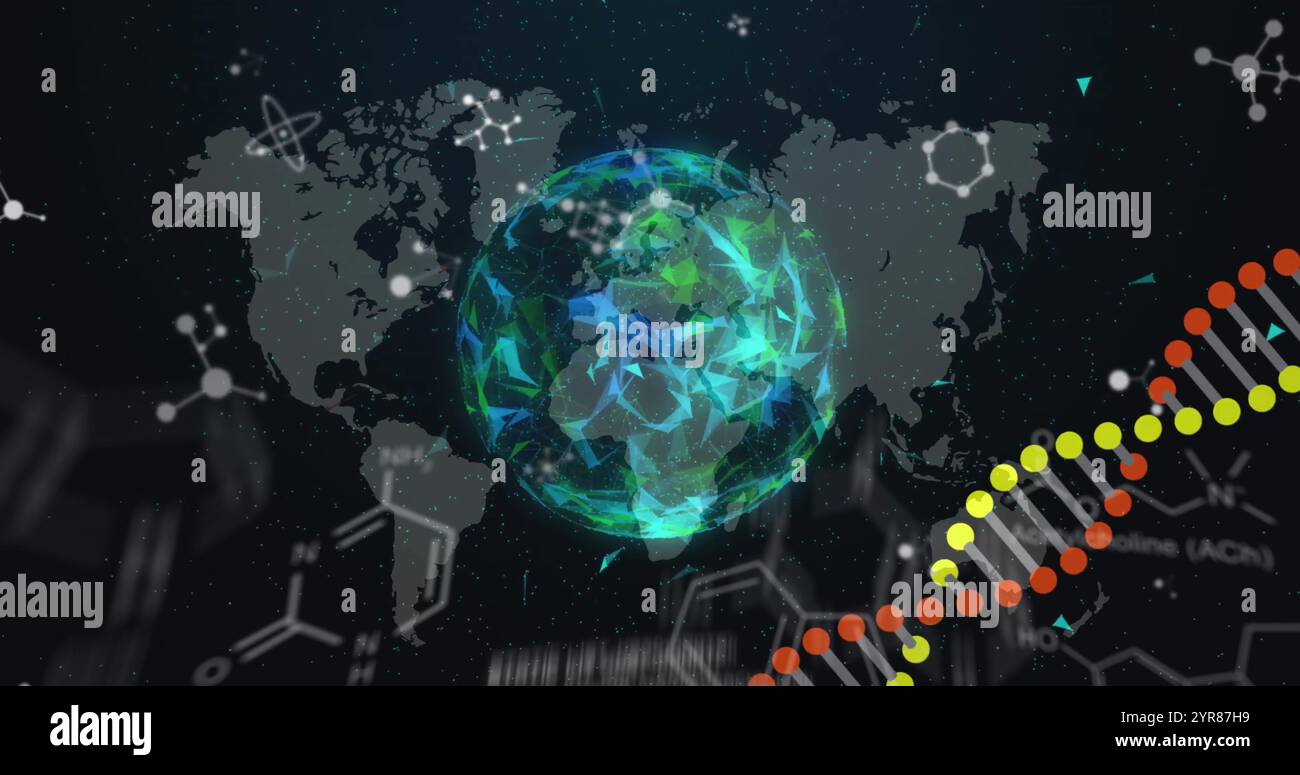 Image of dna and scientific data processing over globe and world map on ...
