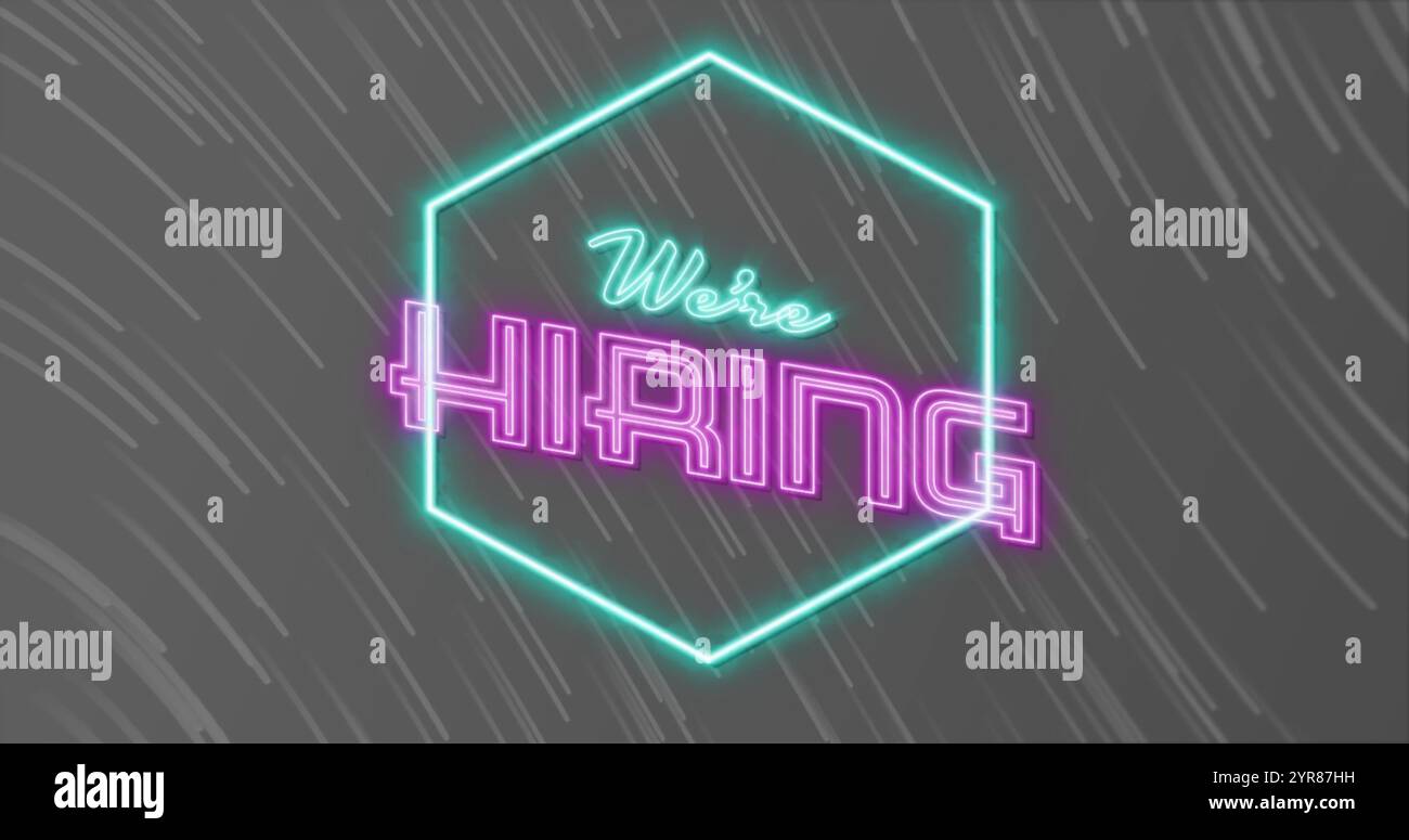 Image of we're hiring neon text over neon pattern on grey background ...