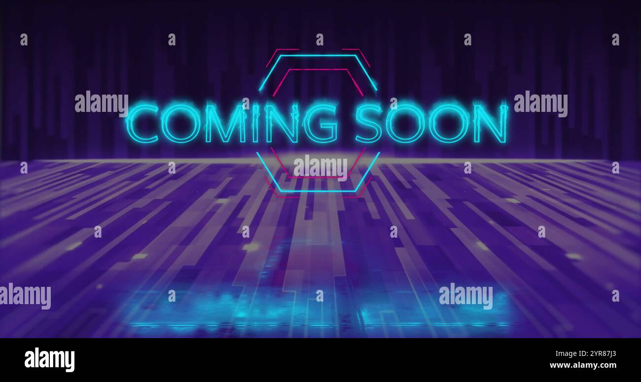 Image of coming soon neon text over light trails on dark background ...