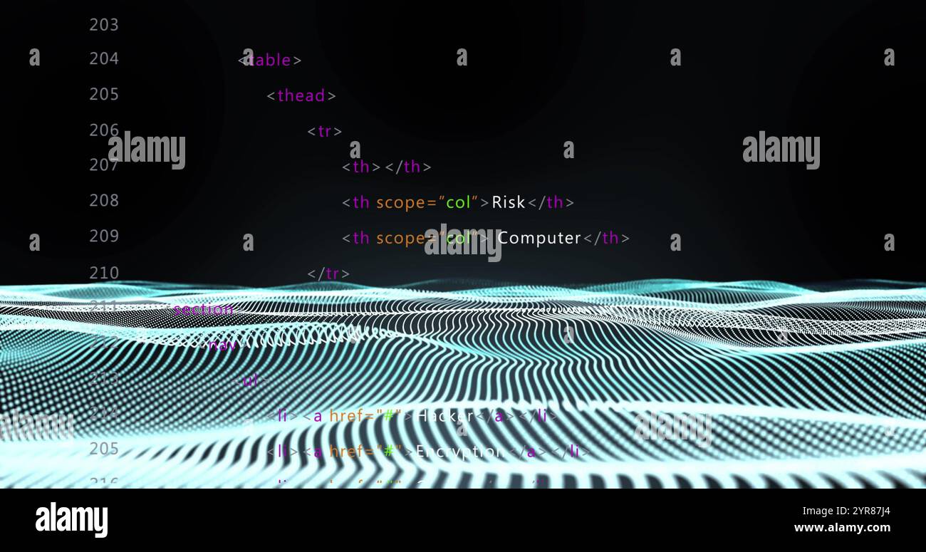 HTML code image over undulating grid lines on dark background ...