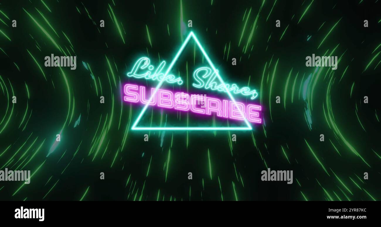 Image of like share subscribe neon text over light trails on dark ...