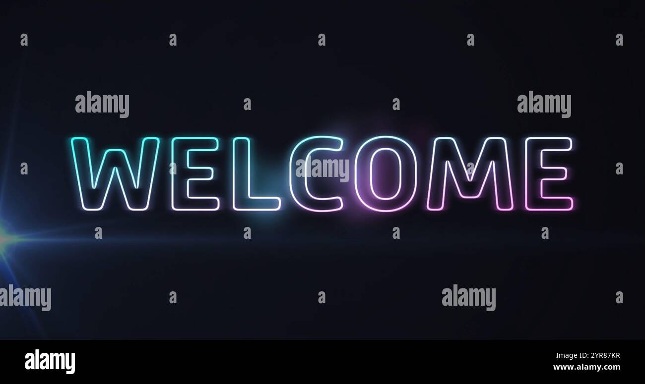 Image of welcome neon text over light trails on dark background Stock ...