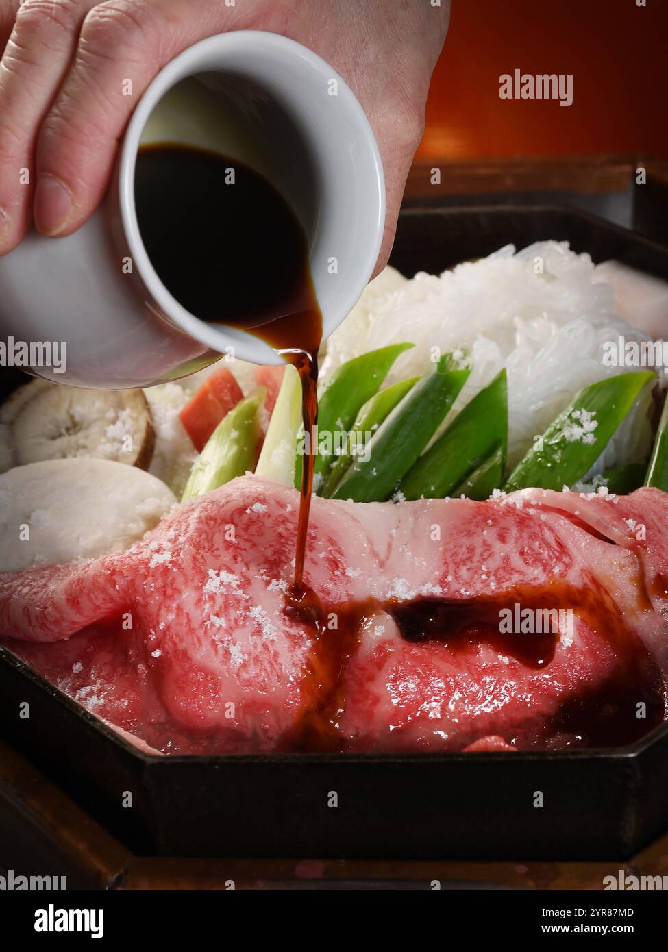 Japanese meal Sukiyaki of Japanese Kuroge Wagyu Beef Stock Photo - Alamy