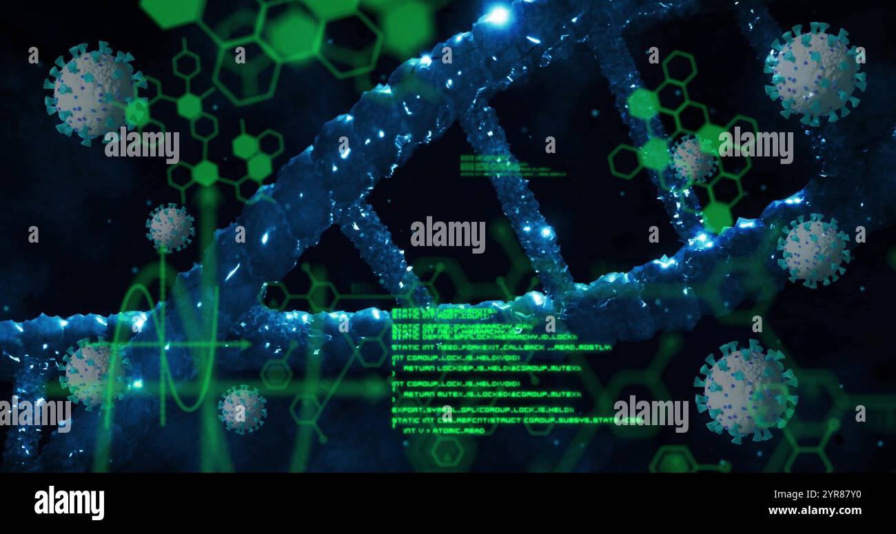 Image of viruses, elements and data processing over dna on black ...