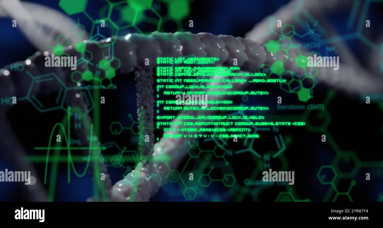 Image of elements, charts and data processing over dna on black ...
