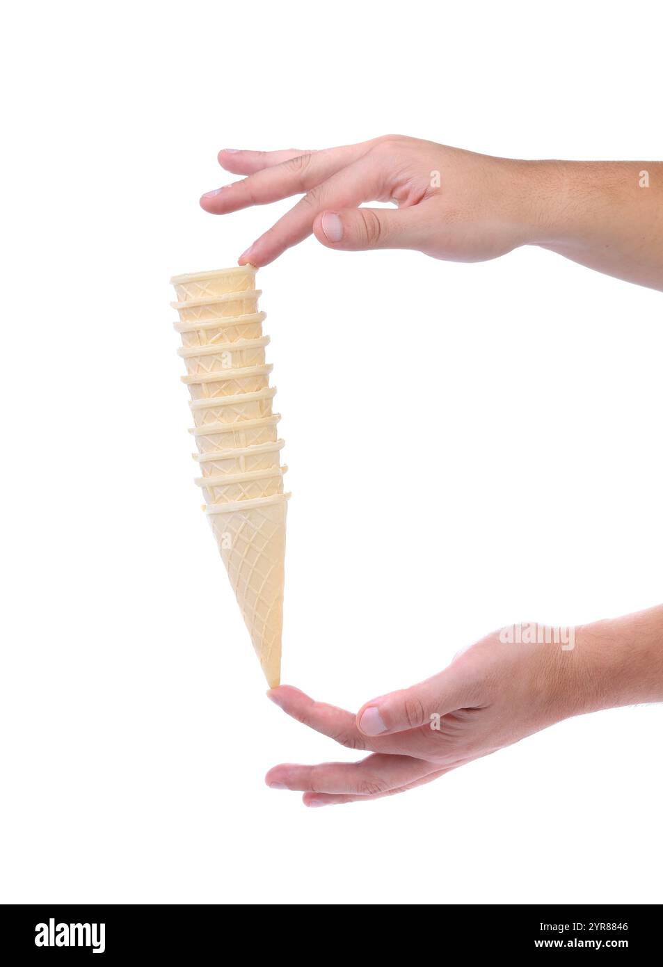 Hands holds stake of ice cream cones. White background Stock Photo - Alamy