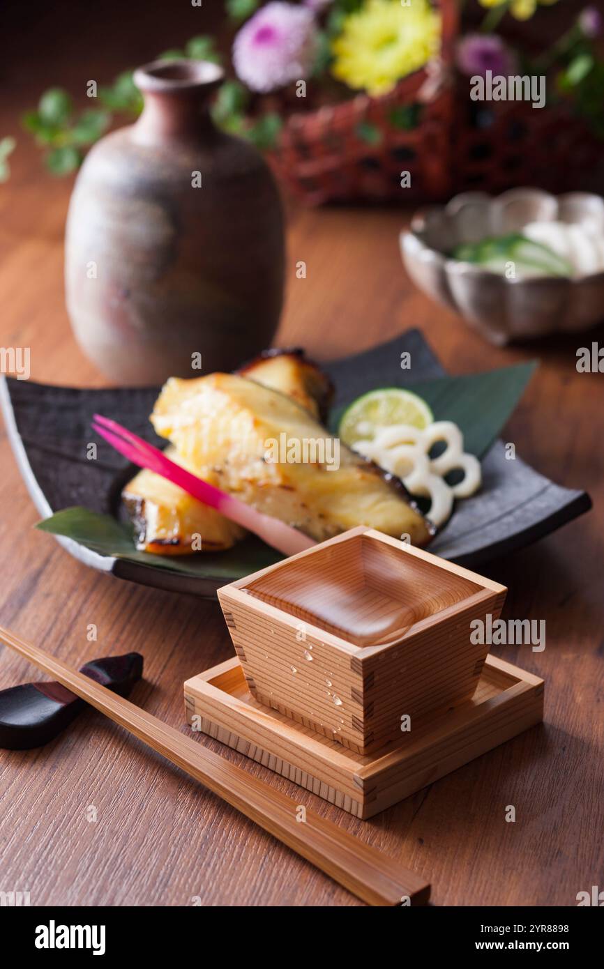 Sake and saikyo baked silver cod Stock Photo - Alamy