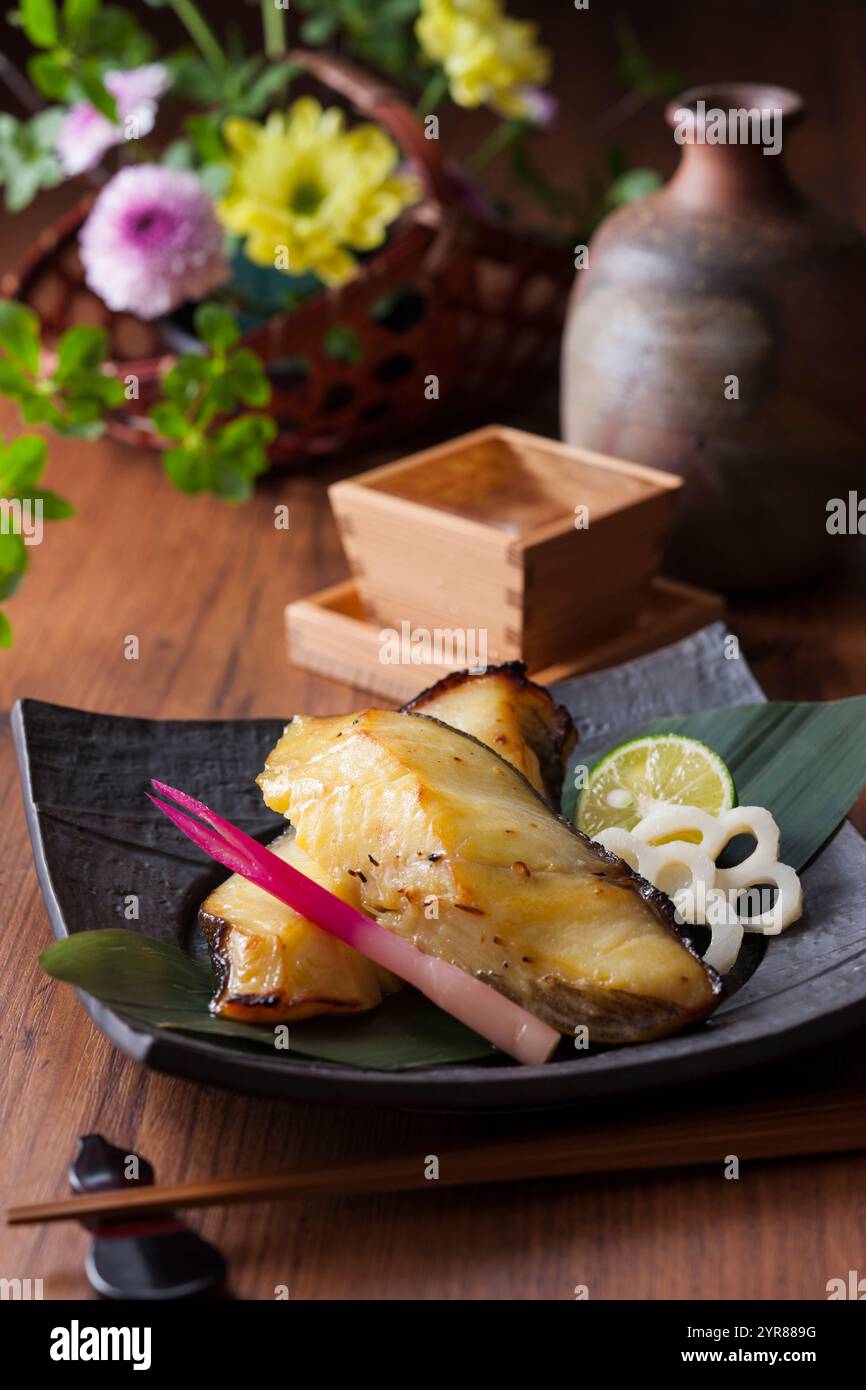 Saikyo Grilled Gindara and Sake Stock Photo - Alamy