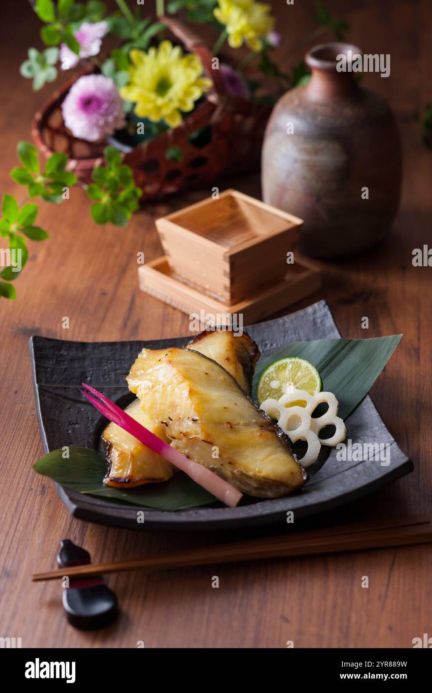 Saikyo Grilled Gindara and Sake Stock Photo - Alamy