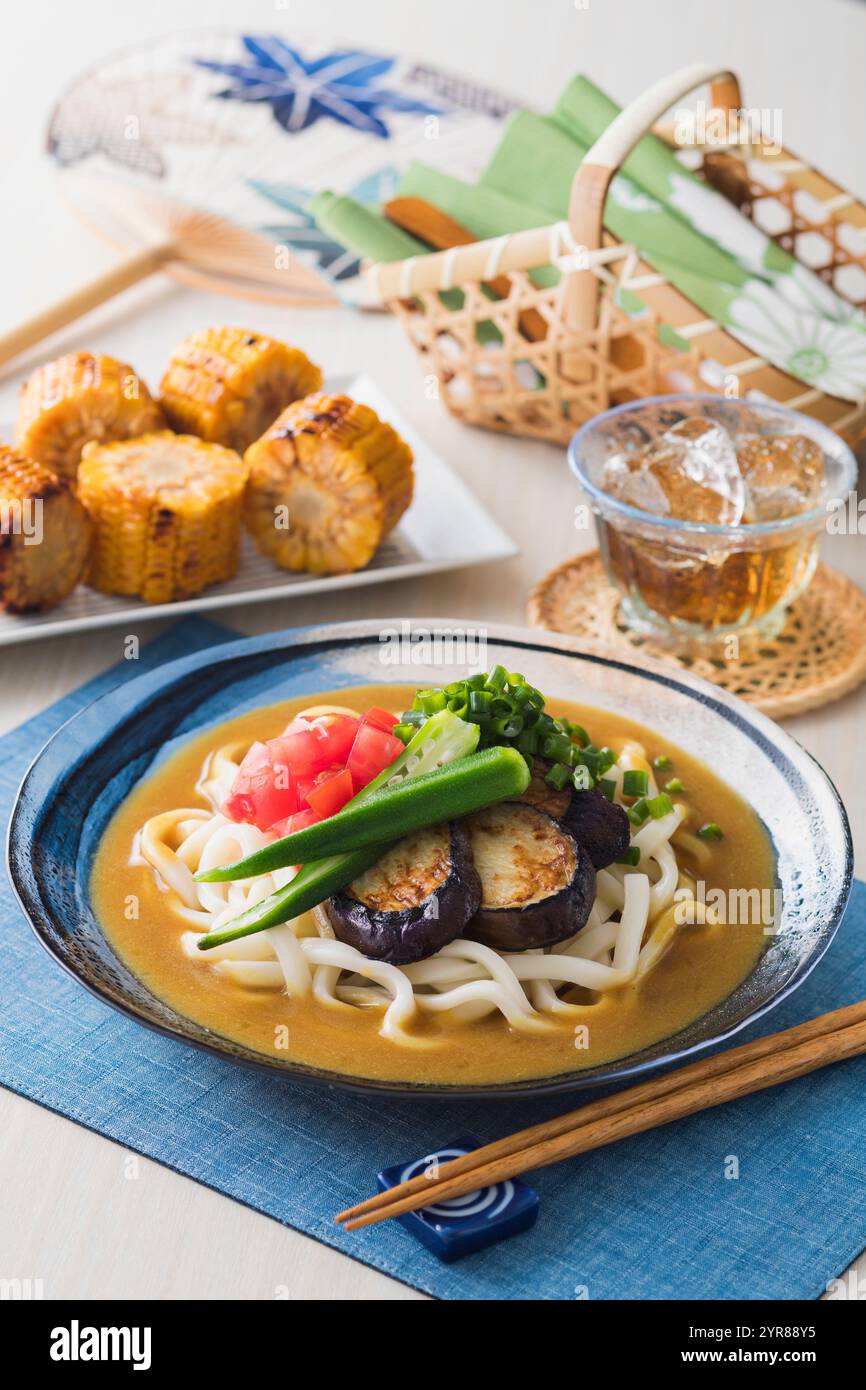 Cold curry udon noodles with summer vegetables Stock Photo - Alamy