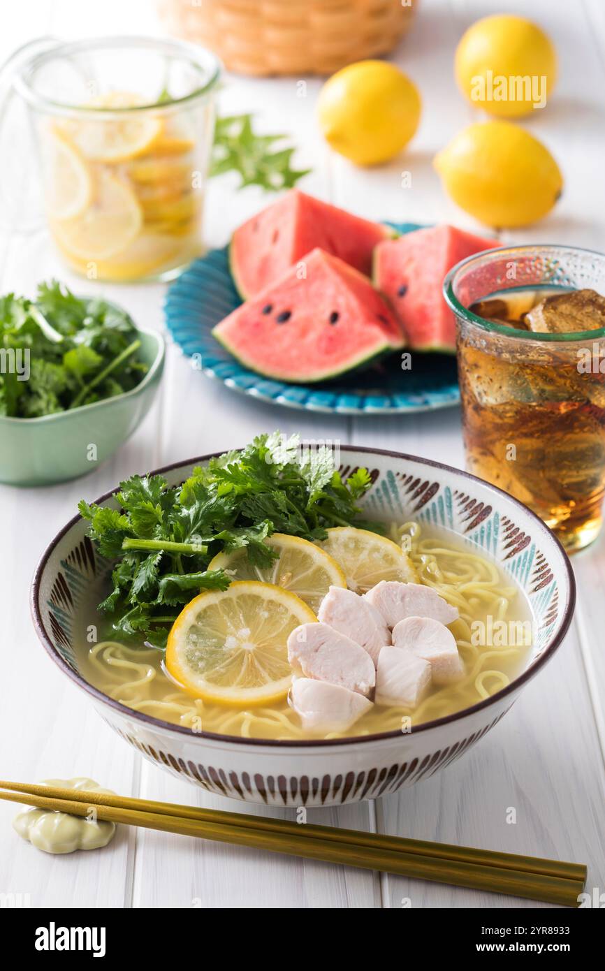 Cold ramen noodles with salted lemon and plenty of pak choi Stock Photo ...