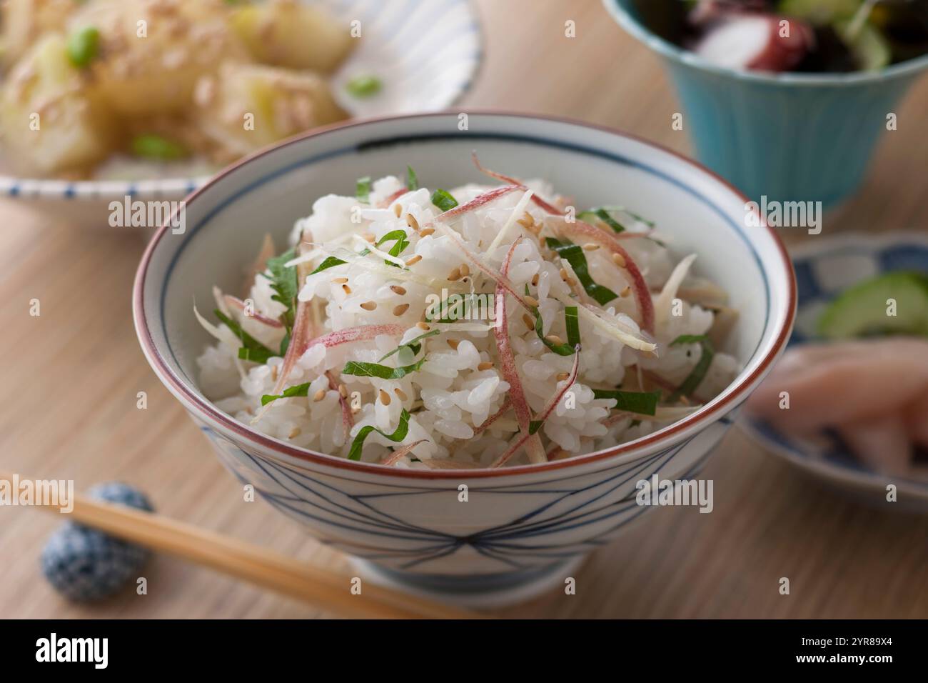 Rice mixed with myoga and shiso leaves Stock Photo - Alamy