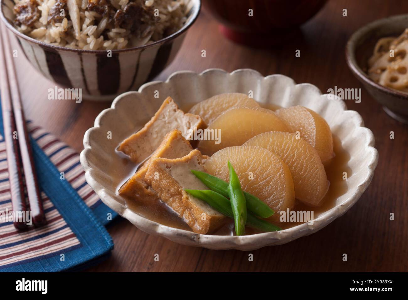 Simmered radish and deep-fried tofu Stock Photo - Alamy