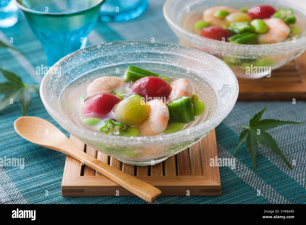 Summer vegetables and prawns in Japanese jelly Stock Photo - Alamy