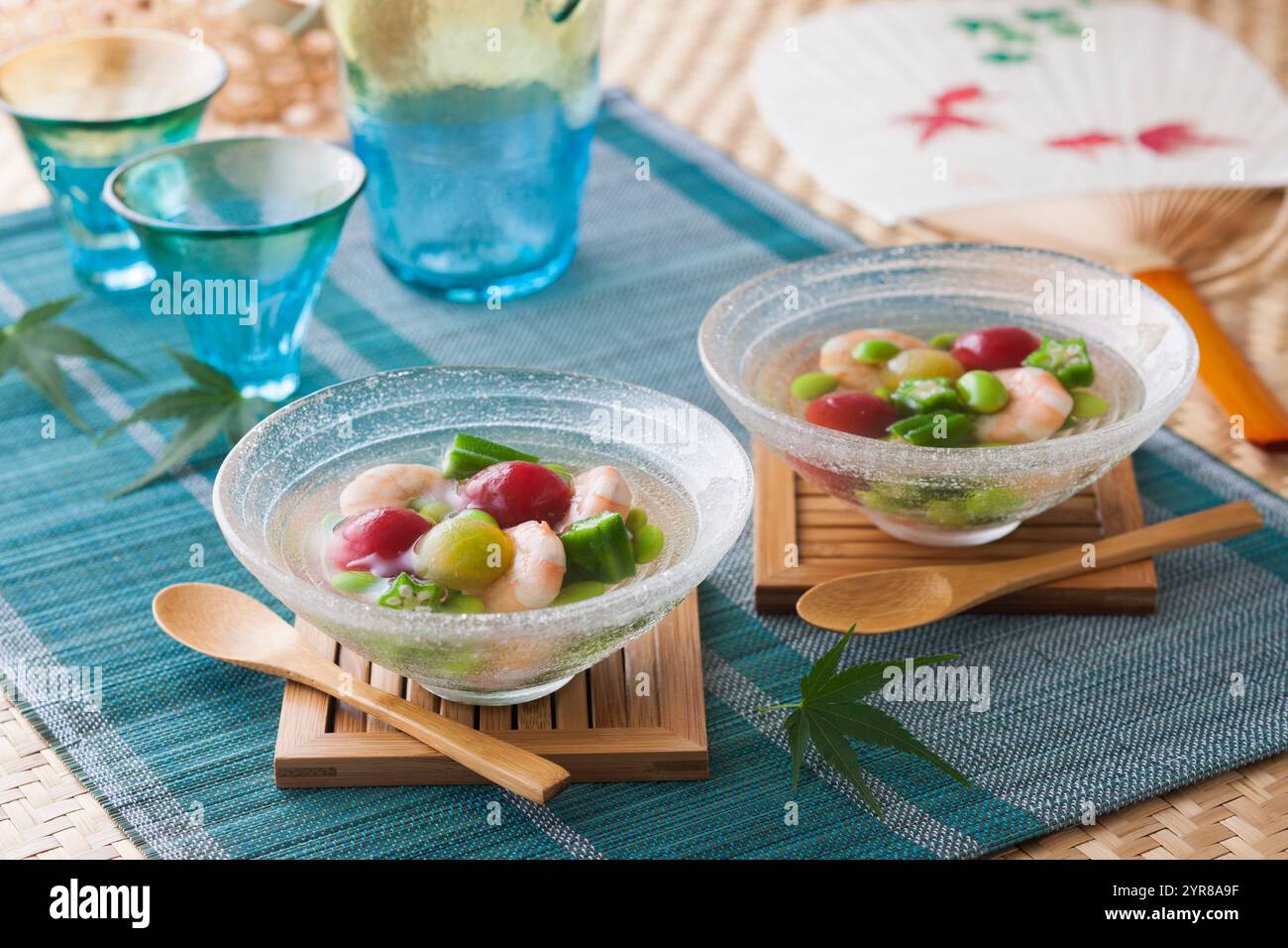 Summer vegetables and prawns in Japanese jelly Stock Photo - Alamy