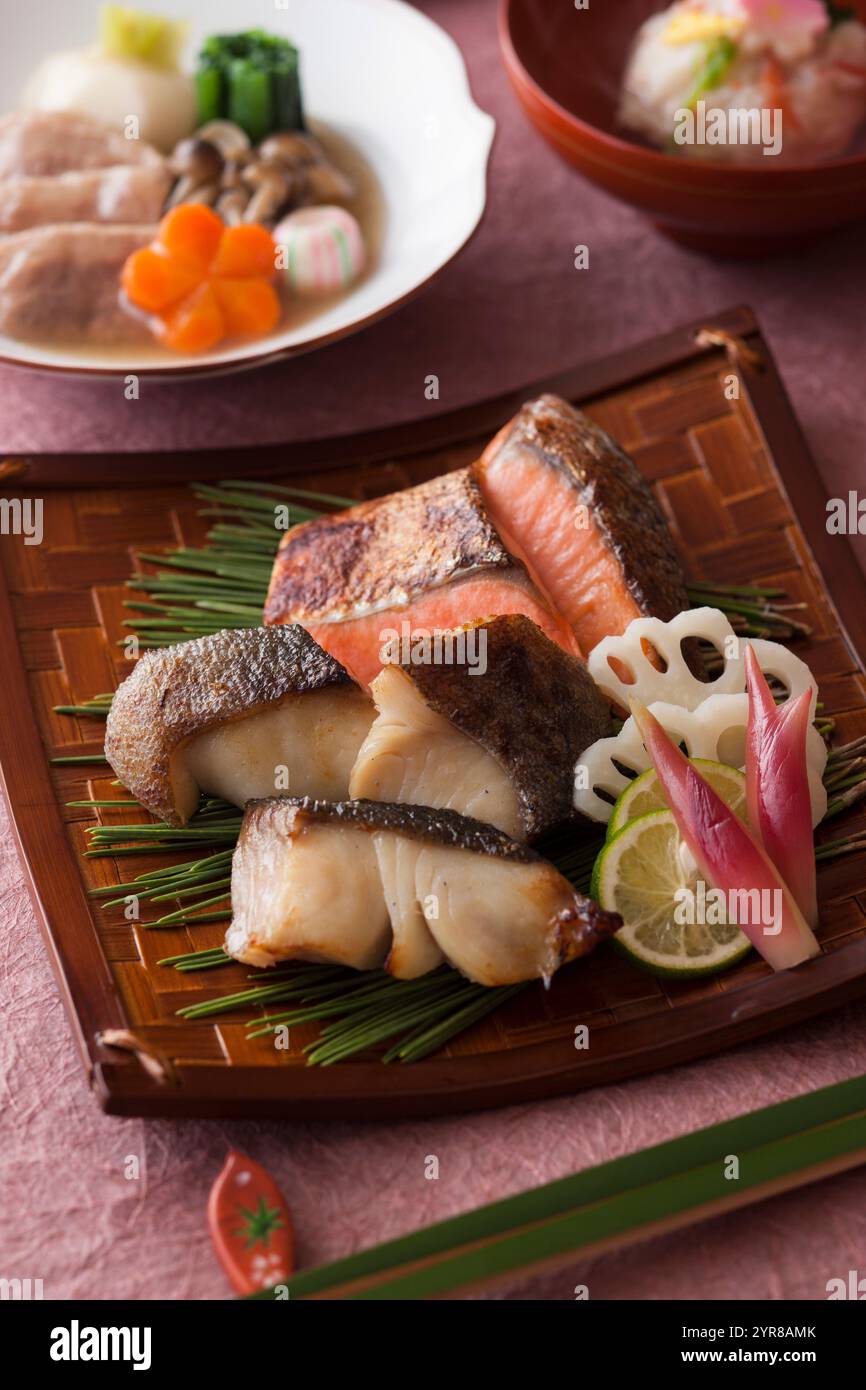 Saikyo Grilled Gindara and Salmon with Kappo Cuisine Stock Photo - Alamy