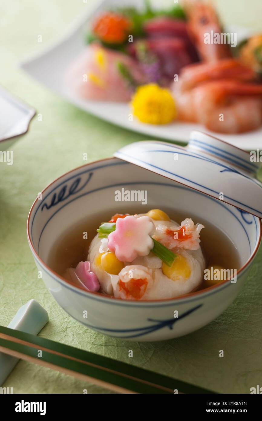 Prawn and ginkgo bun with sashimi Stock Photo - Alamy