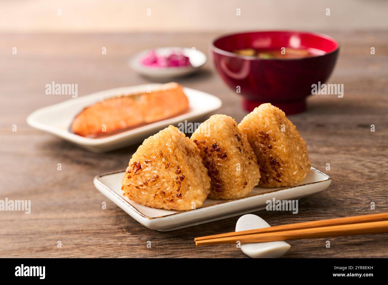Grilled rice balls and side dishes Stock Photo - Alamy