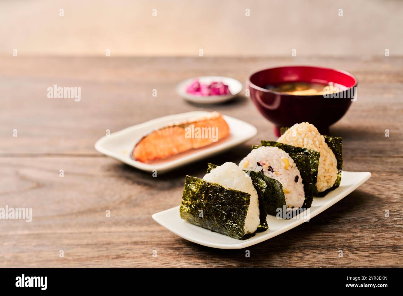 Onigiri, side dish and miso soup Stock Photo - Alamy