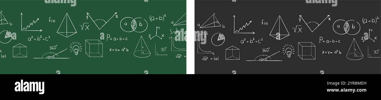Math doodle hand drawn border, with formula, geometric shapes, chalk ...