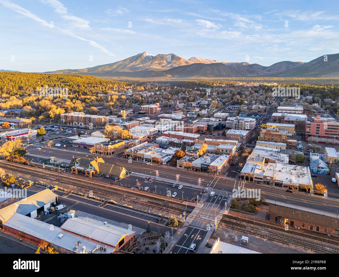 Aerial panorama of downtown Flagstaff, Arizona in the morning sunlight ...