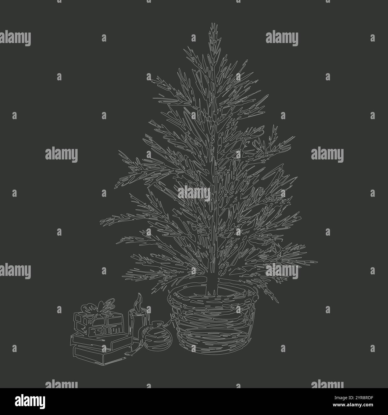 Christmas tree with gifts sketch style drawing. Hand drawn in hatching ...