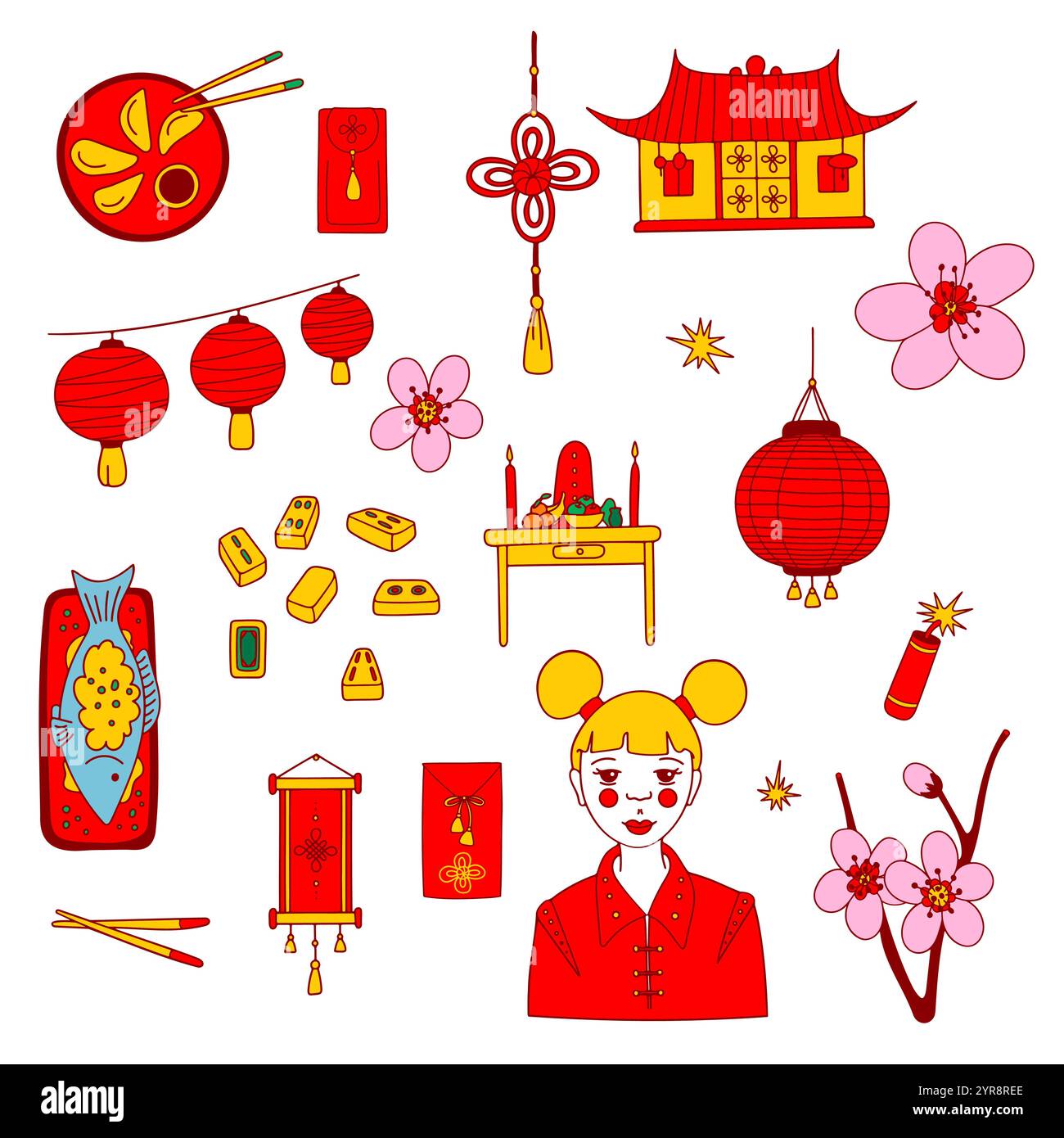 Flat Chinese New Year icon set. Traditional lunar new year symbols ...