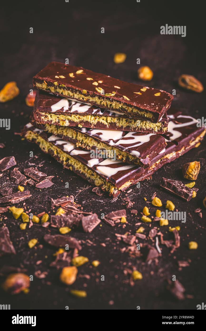 Dubai Chocolate bar with green kadayif and pistachio spread on brown ...