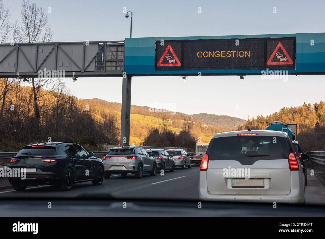 Traffic congestion or jam on Trojane motorway in Slovenia, with rows of ...