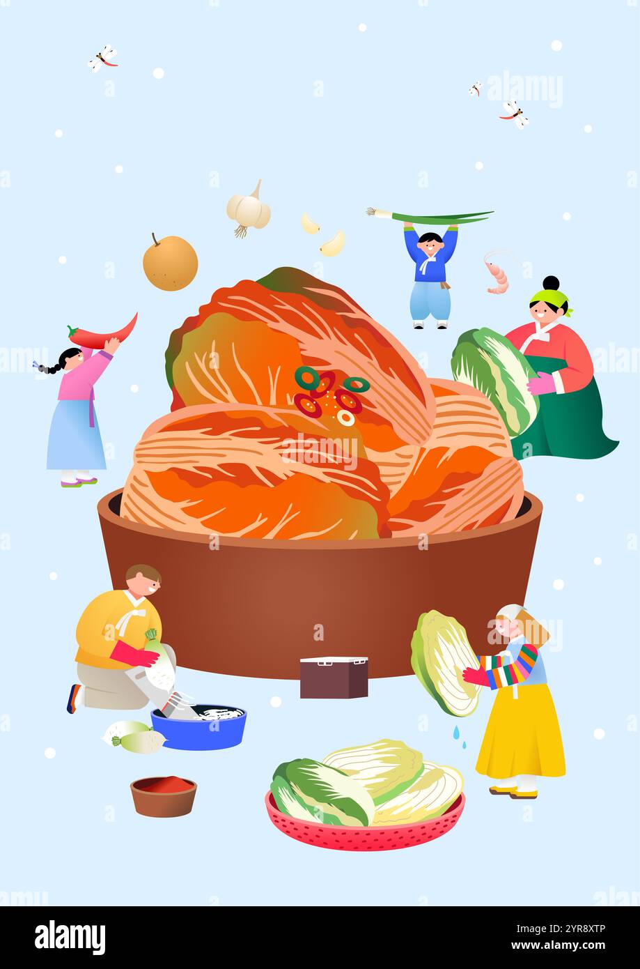 Kimchi is placed in a large basin and people around are wearing hanbok ...