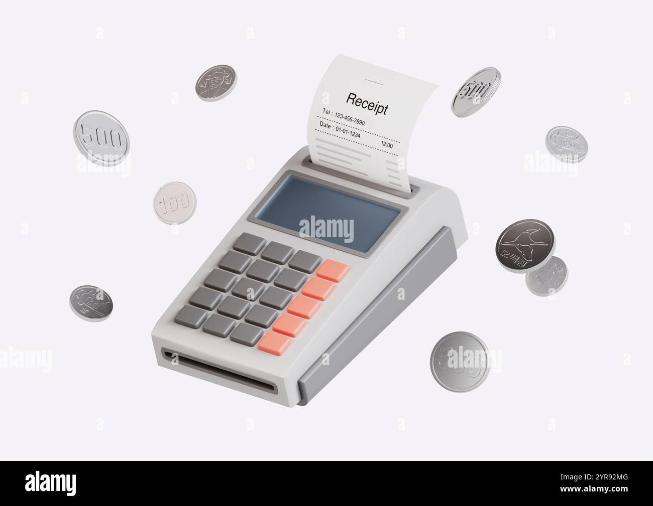 Calculator with receipt issued and 100 won and 500 won coins Stock ...