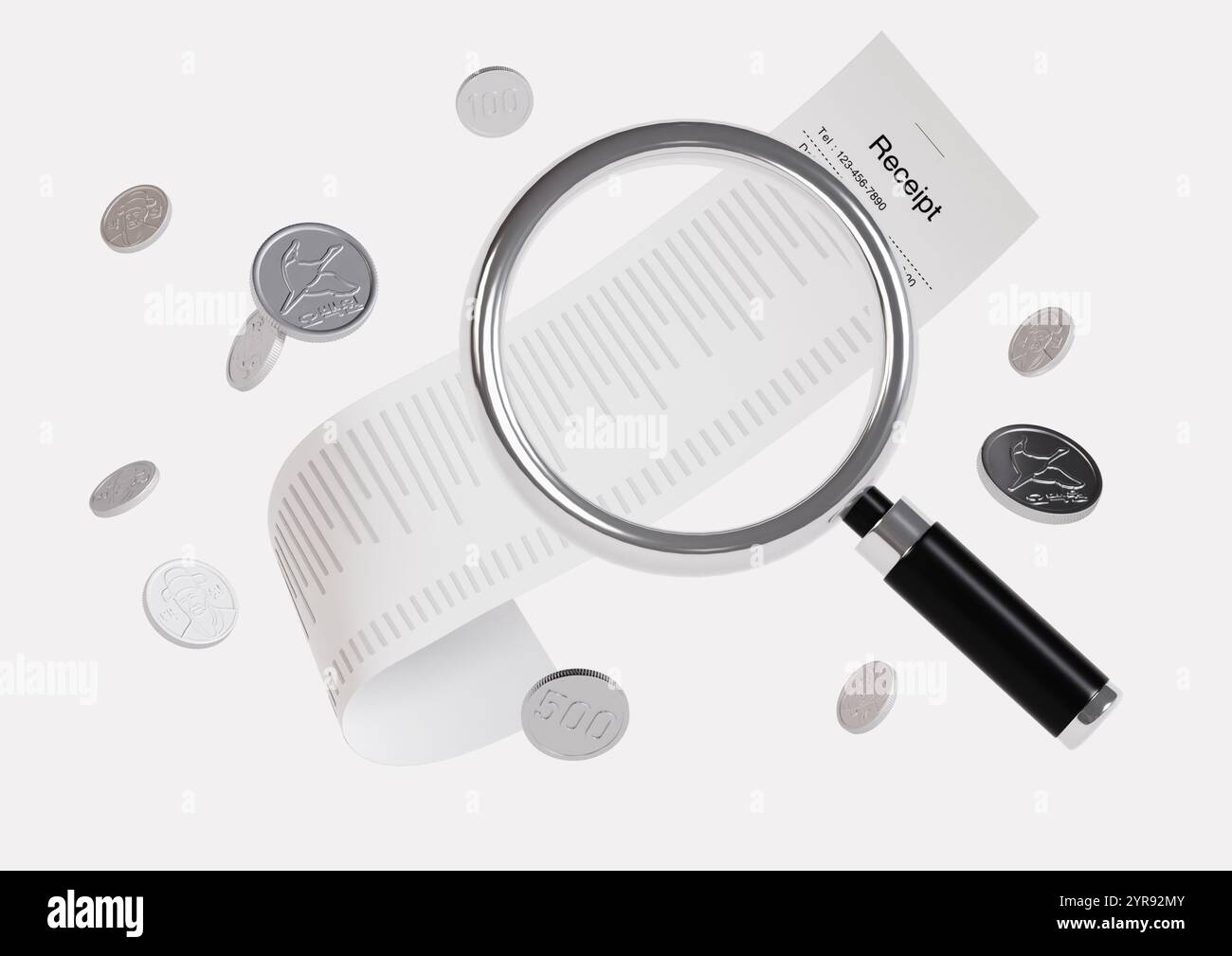 Magnifying glass exploring floating coins and receipts Stock Photo - Alamy