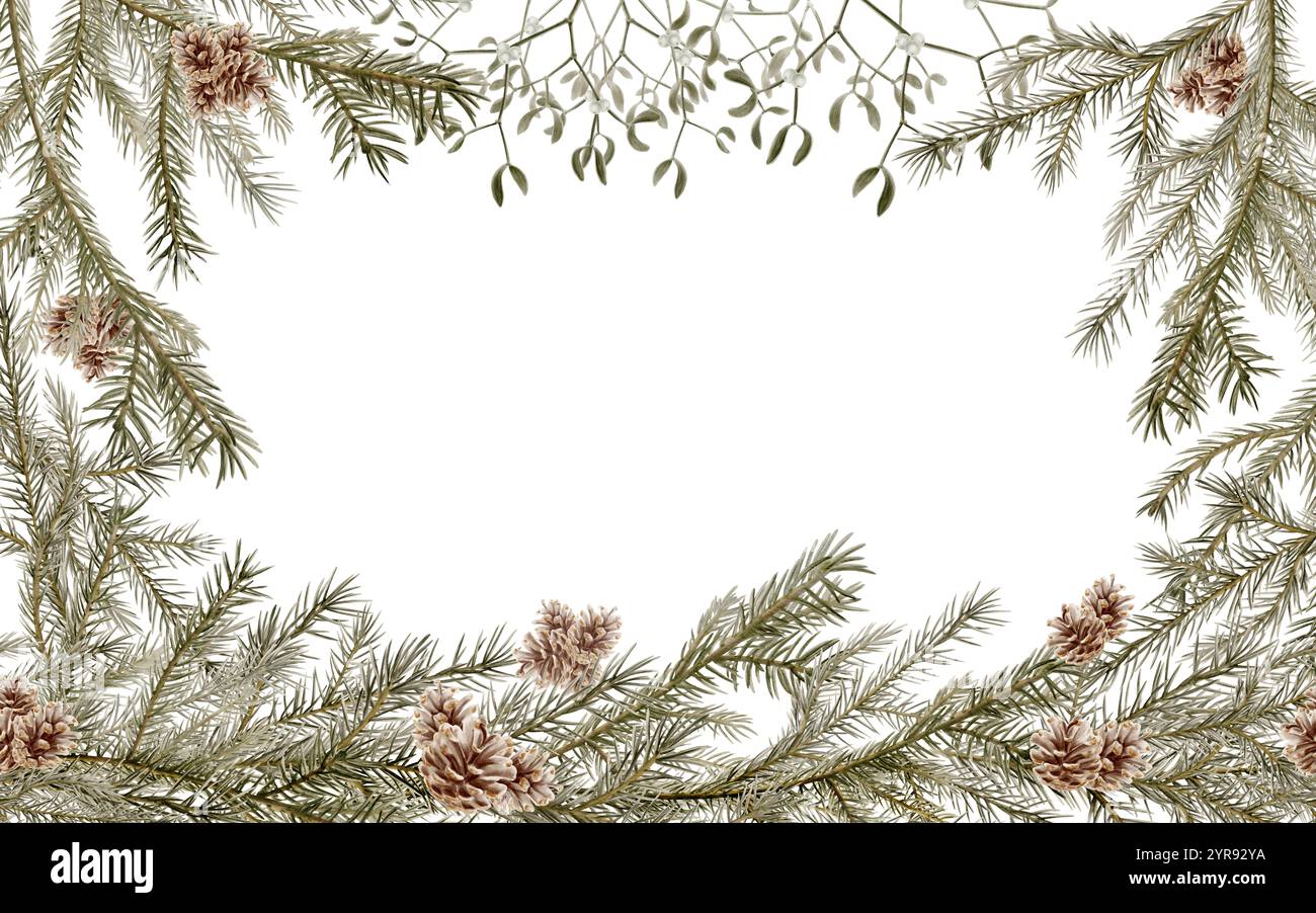 Vintage Christmas rectangular frame of spruce branches with pinecones ...