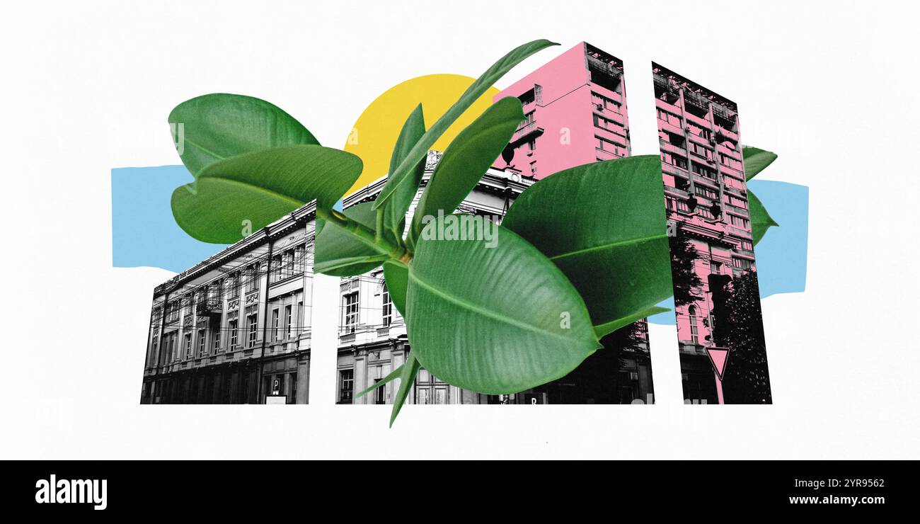 Contemporary art collage. Traditional city architecture with modern ...