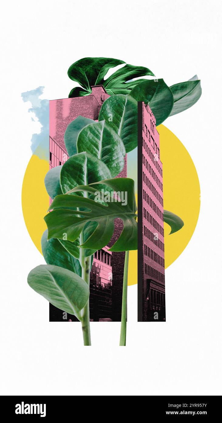 Contemporary art collage. Sleek urban architecture with vibrant natural ...