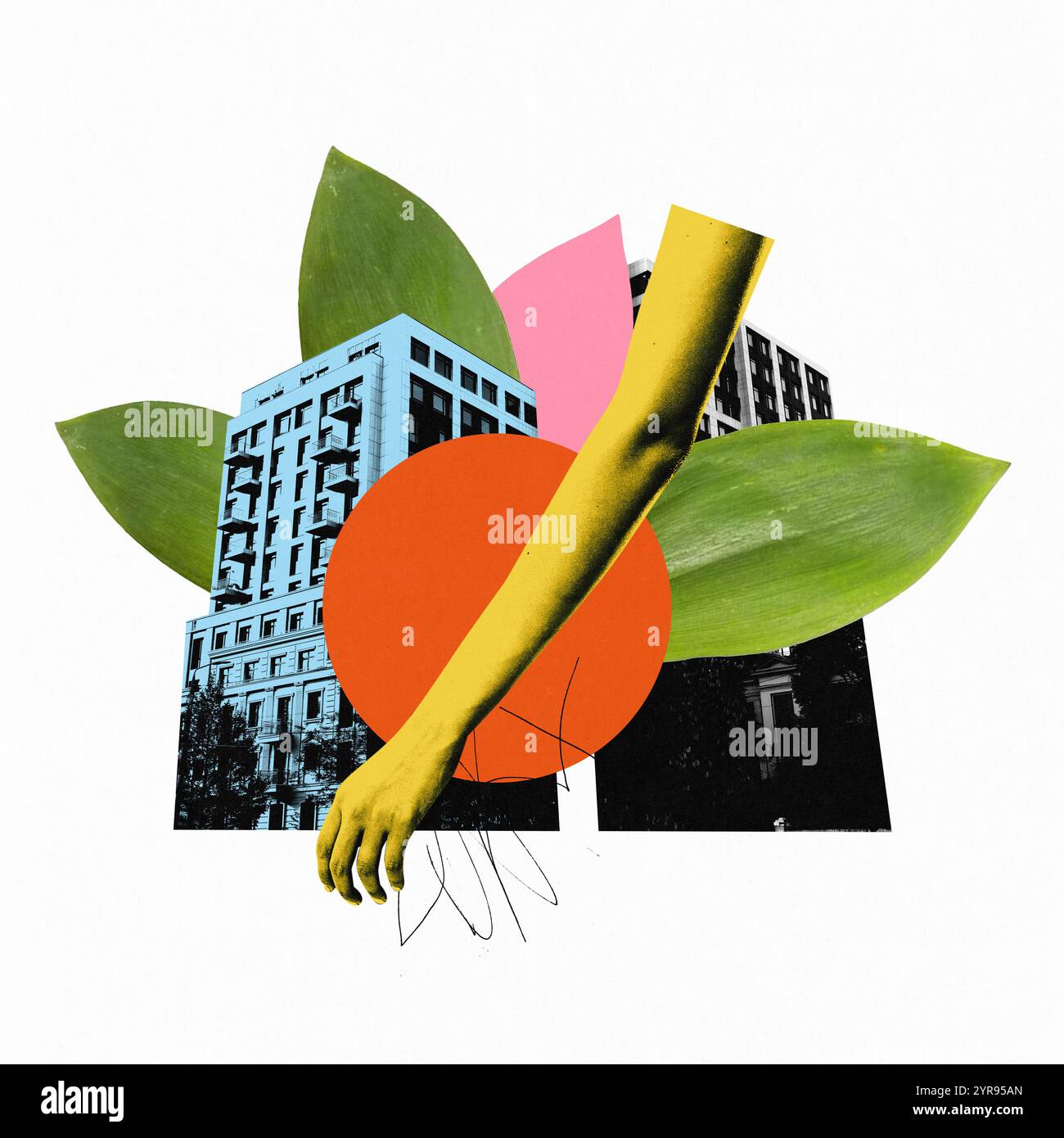 Contemporary art collage. Modern and classic buildings surrounded by ...