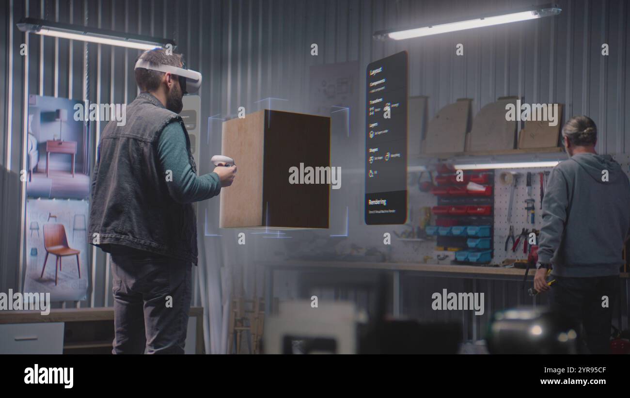 Modern workshop: Designer or artisan wearing augmented reality headset ...