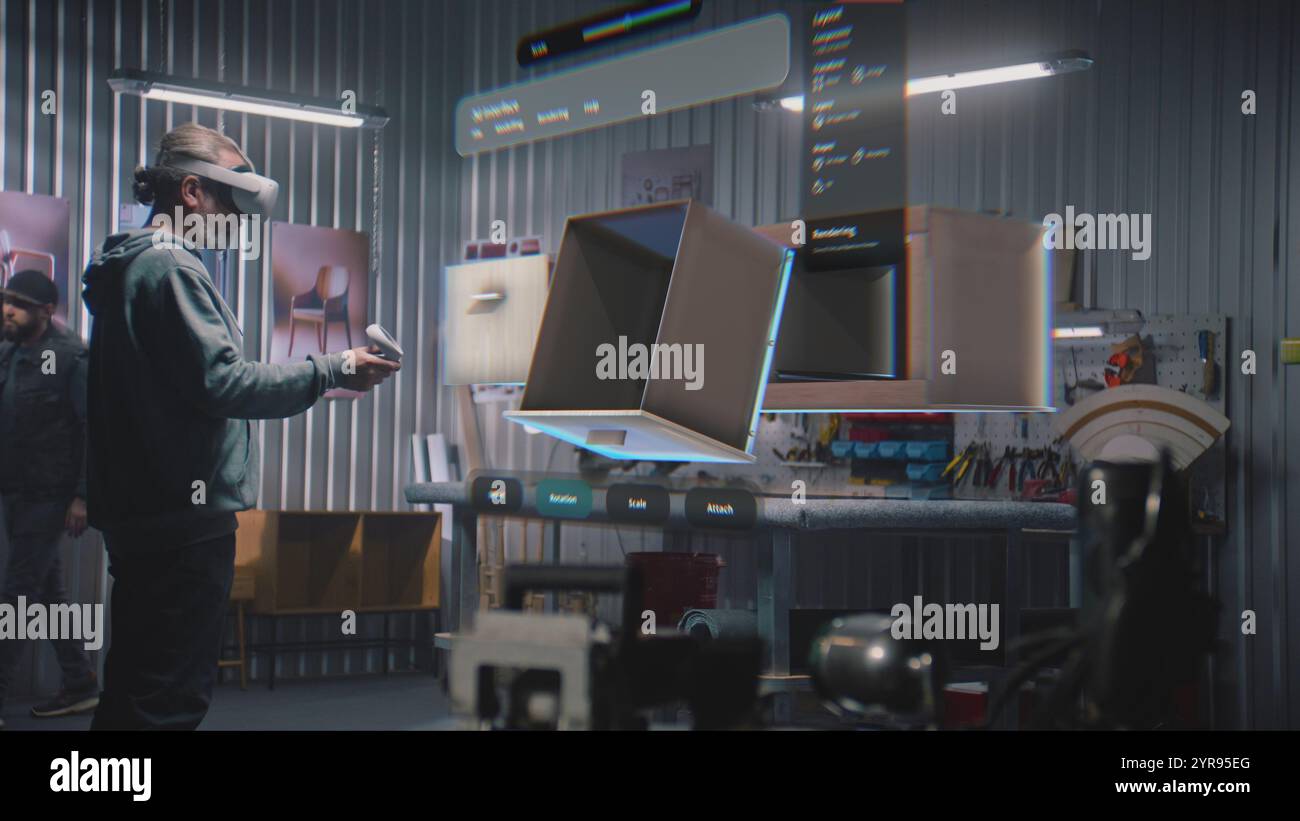 Modern workshop: Professional craftsman or designer wearing AR headset ...