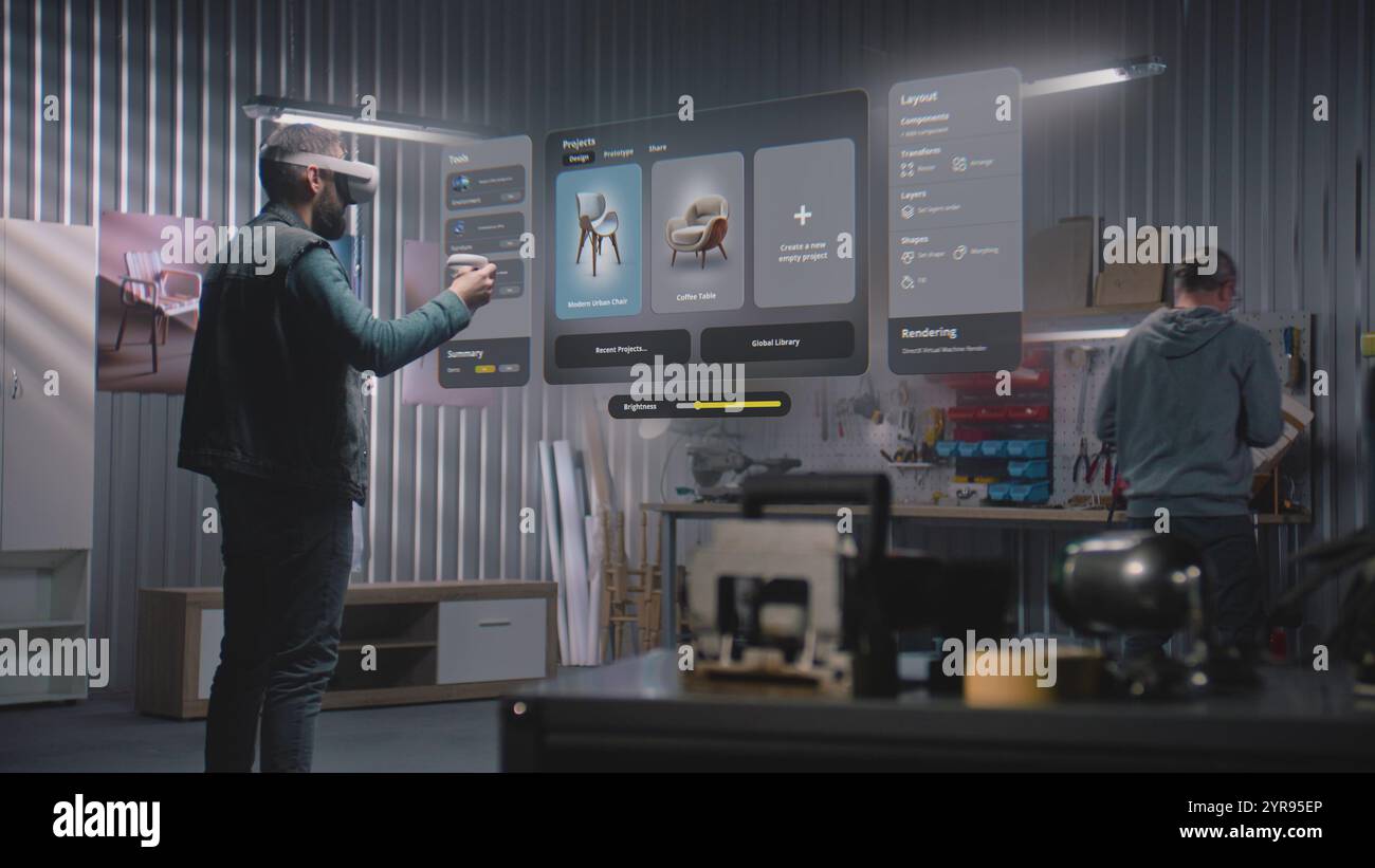 Modern workshop: Professional craftsman or designer in AR headset assembles chair in virtual ...