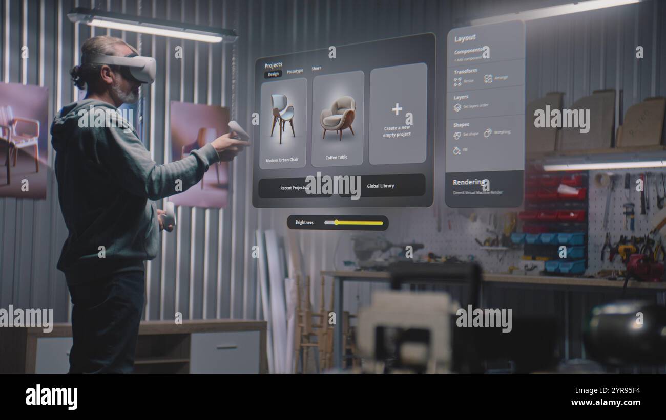 Modern workshop: Designer or artisan wearing virtual reality headset ...