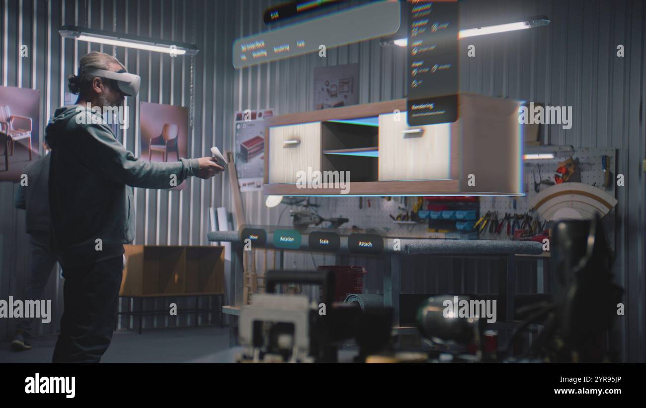 Modern workshop: Professional craftsman or designer wearing AR headset ...