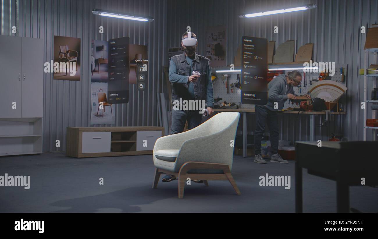Modern workshop: Professional craftsman or designer wearing AR headset ...