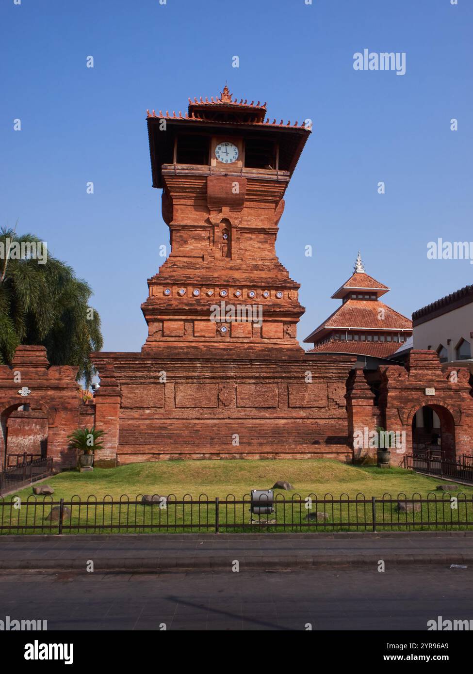 Front view of the brick minaret which is part of the historic mosque ...