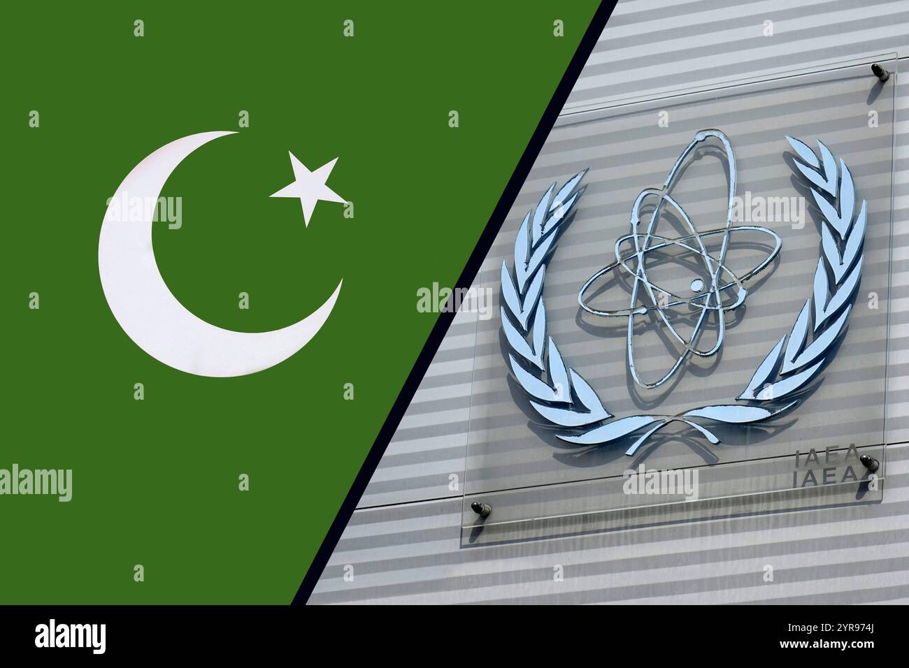 Flagge von Pakistan und Symbol der IAEA Flagge von Pakistan und Symbol ...