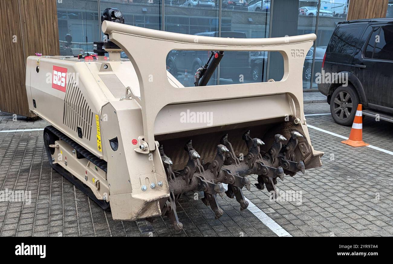 KYIV, UKRAINE - DECEMBER 2, 2024 - A GCS-100 demining machine is ...