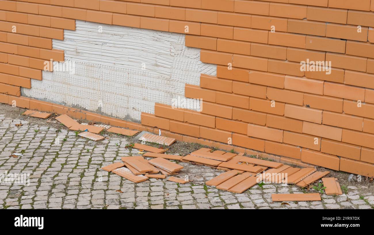 Orange brick tiles falling from a building facade onto a cobblestone ...