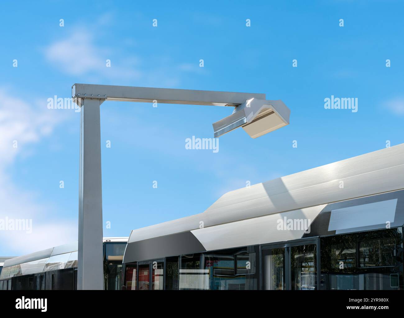 Overhead pantograph system for charging electric buses on blue sky ...